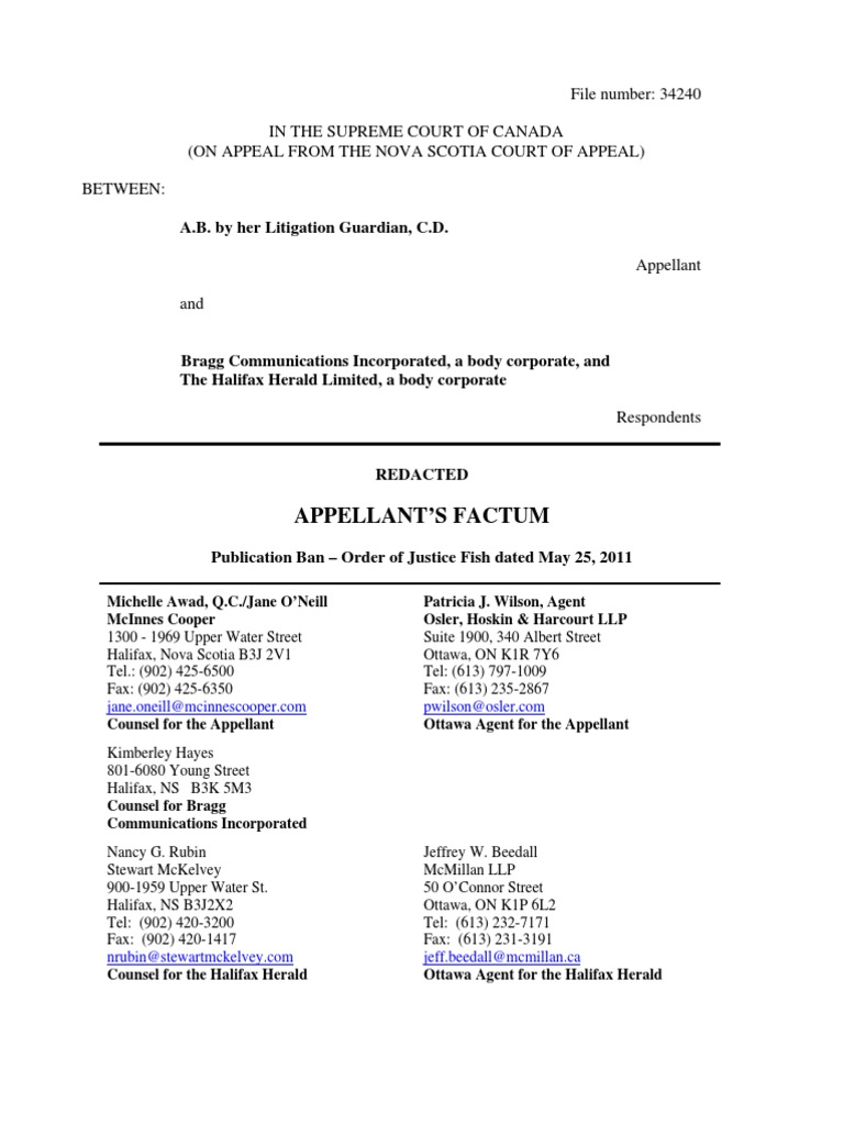 Appellant's Factum, A.B. v. Bragg | PDF | Cyberbullying | Anonymity