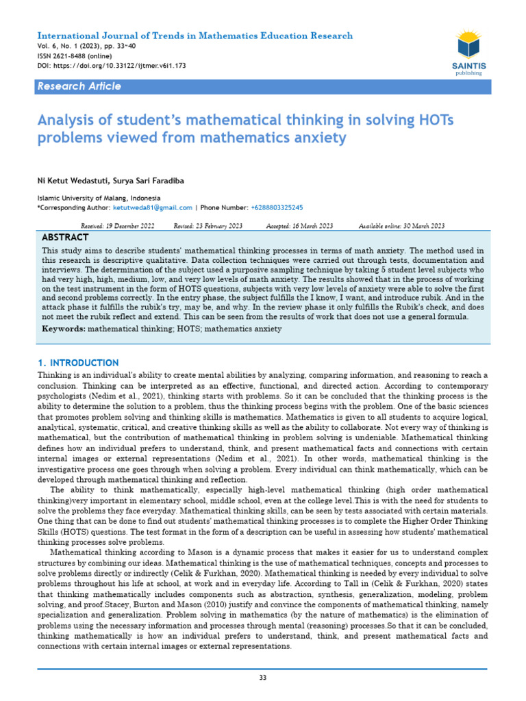 Analysis of Student's Mathematical Thinking in Solving HOTs Problems ...