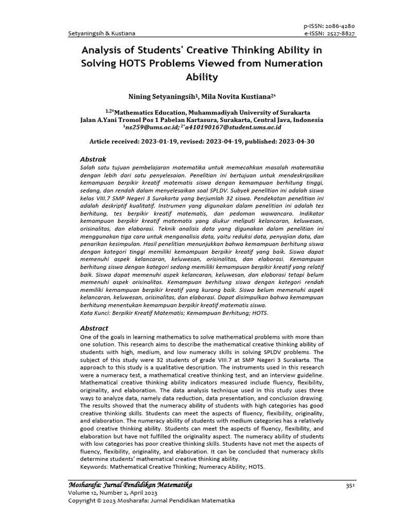 Analysis of Students' Creative Thinking Ability in Solving HOTS ...