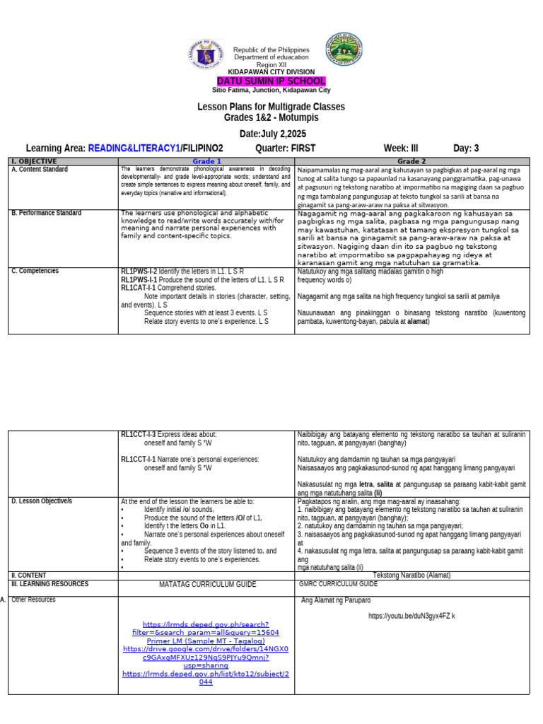 MG Day 3 Lesson Plan g1&g2 Reading 1 &fil2 | PDF