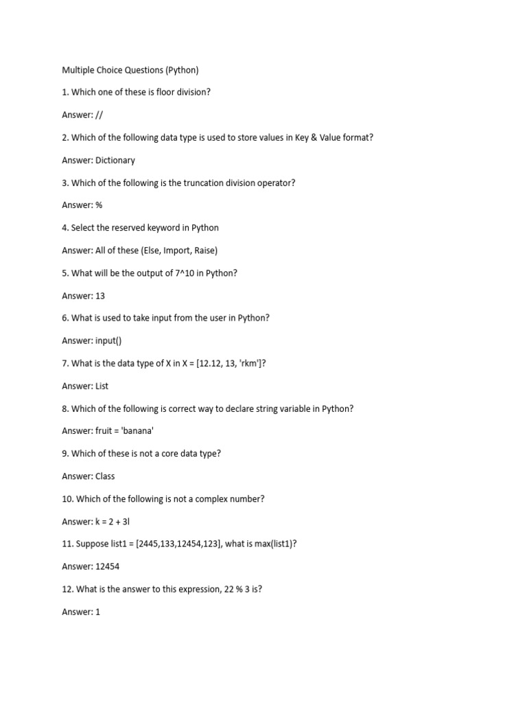 Multiple Choice Questions | PDF | Python (Programming Language) | Parameter (Computer Programming)