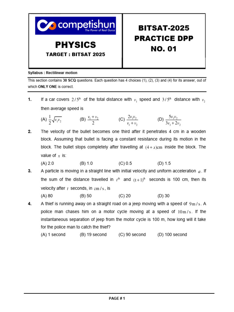 2. DPP-1_Student Copy_Rectilinear motion | PDF | Acceleration | Velocity