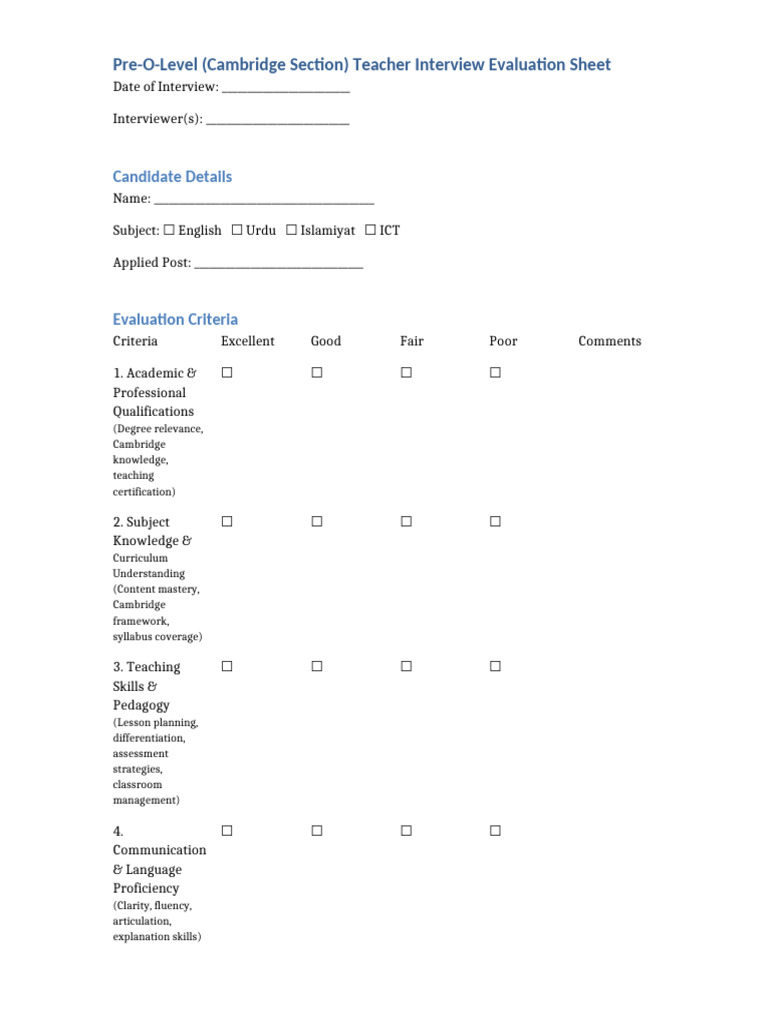 Pre OLevel Teacher Interview Evaluation Sheet | PDF