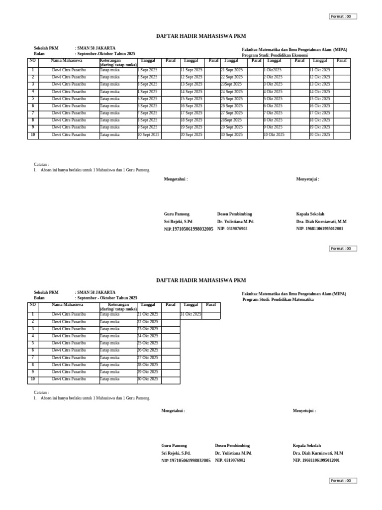 Format 03 Absen Mahasiswa | PDF