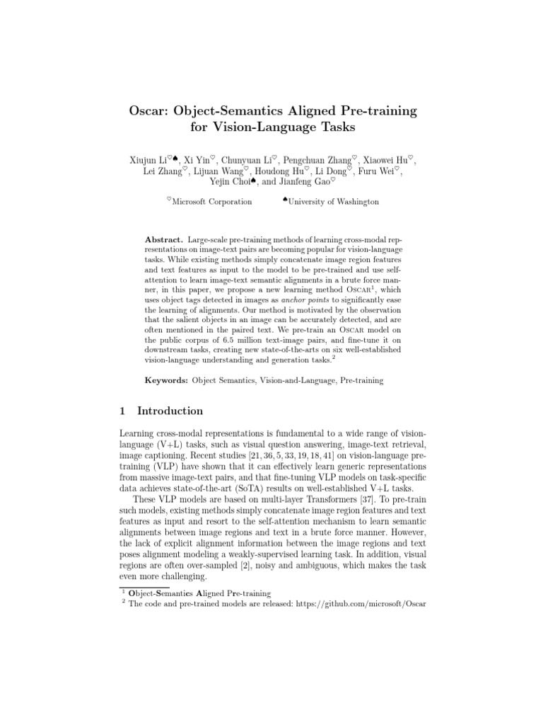 Oscar: Aligned Pre-training for V+L Tasks | PDF | Learning | Machine ...