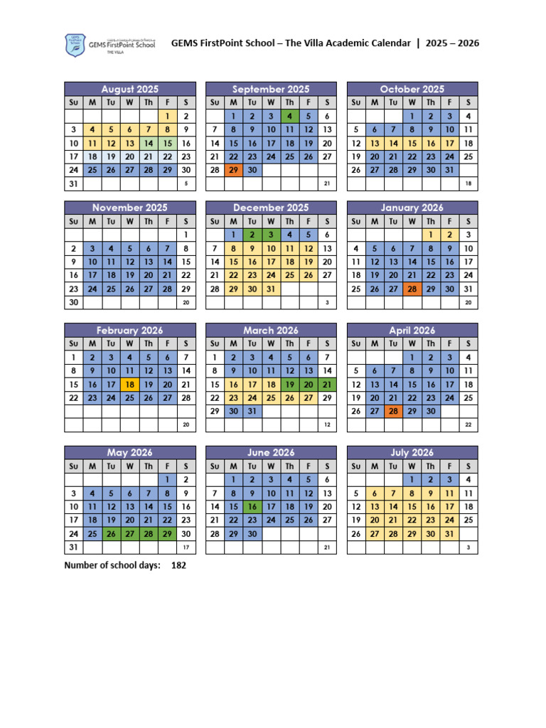GEMS FirstPoint School Calendar 2025-26 | PDF | Observances