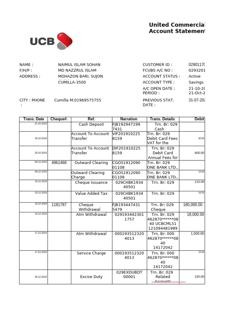 UCB Bank Statement Overview | PDF | Cheque | Debit Card