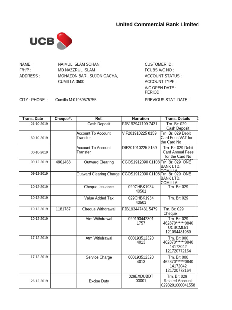UCB Account Statement Summary | PDF | Credit Card | Debit Card