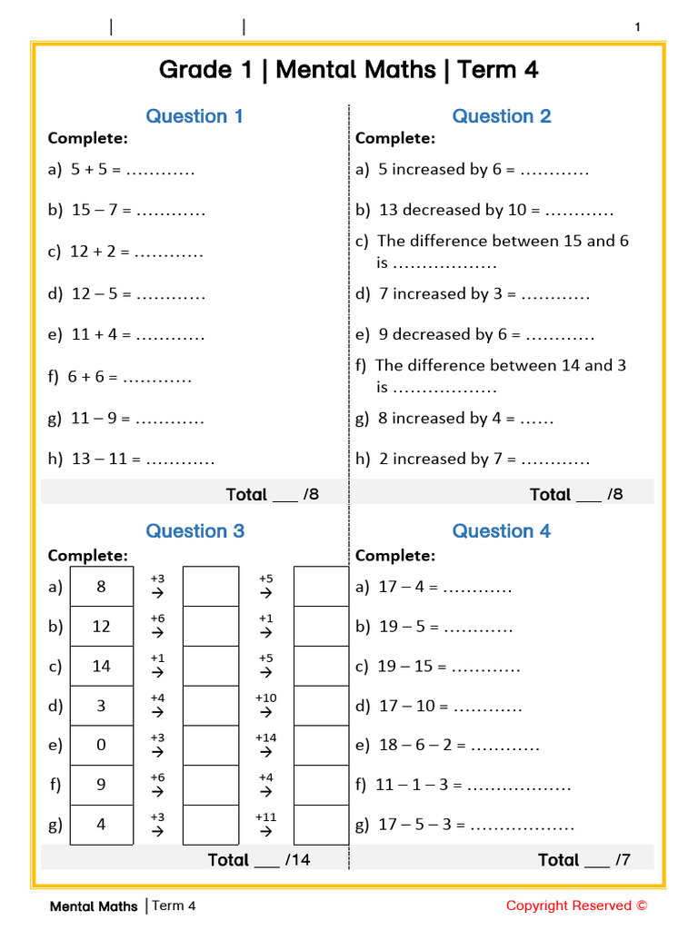 Grade 1 Mental Maths Term 4 | PDF