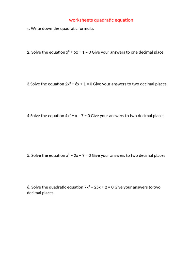 Worksheets Quadratic Equation 2 | PDF