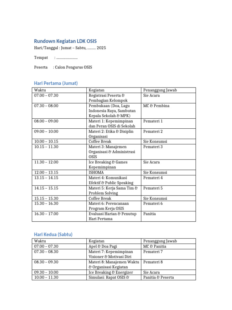 Rundown Kegiatan LDK OSIS 2025 | PDF