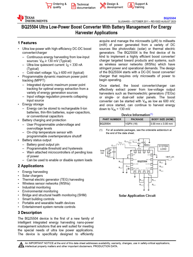Texas Instruments - BQ25504 -- Ultra Low-Power Boost Converter With ...