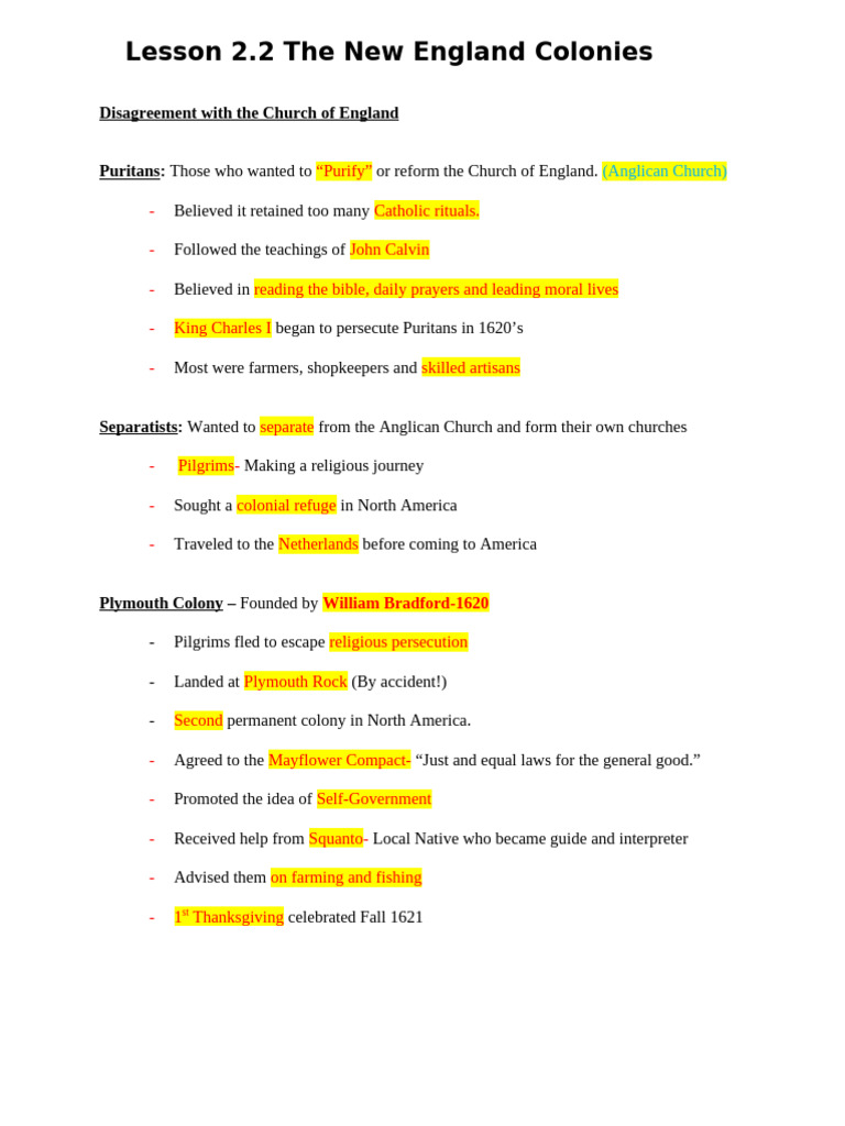 Topic+2 2+Notes-+Answers | PDF | Plymouth Colony | English Colonization ...