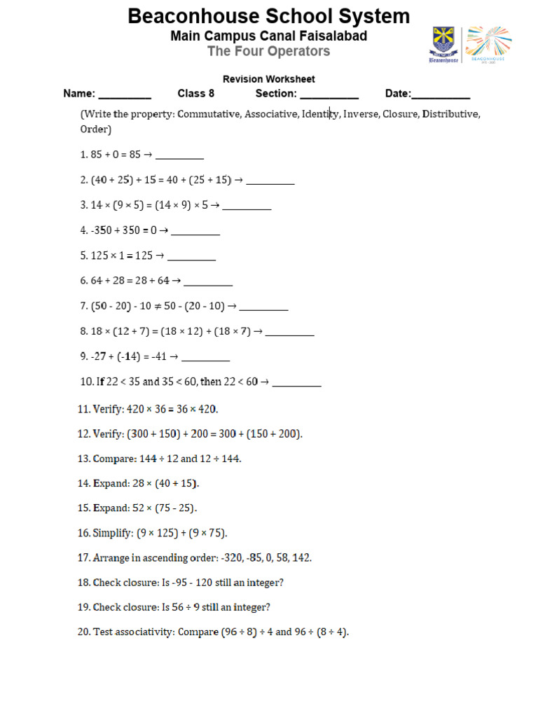 Real Numbers Properties Worksheet for Class 8 | PDF