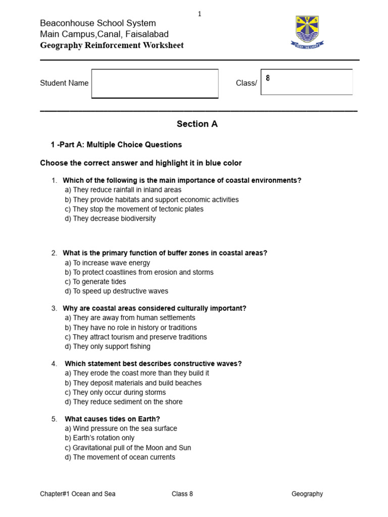 Coastal Geography Worksheet for Class 8 | PDF | Coast | Sea