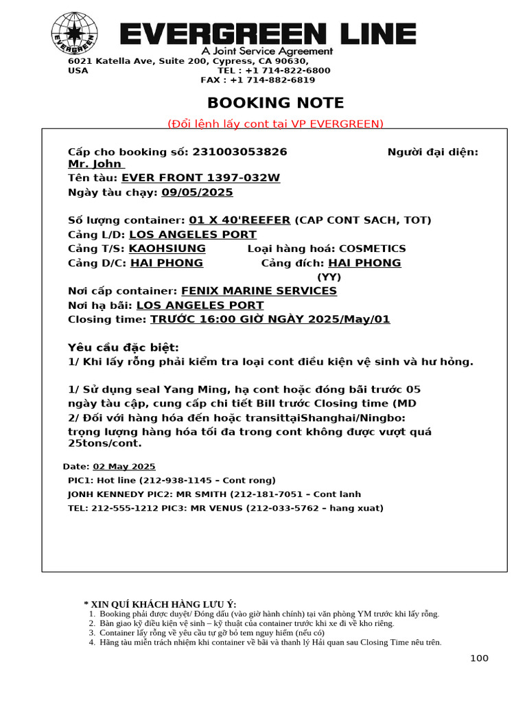 Booking Note - Evergreen | PDF