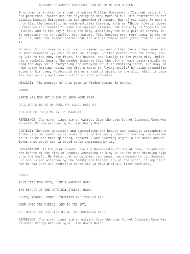 Sonnet Composed Upon Westiminister Bridge | PDF | Poetry