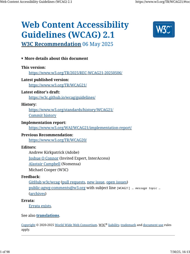 W3C - Web Content Accessibility Guidelines (WCAG) 2.1, 2025 | PDF | Accessibility | Computing