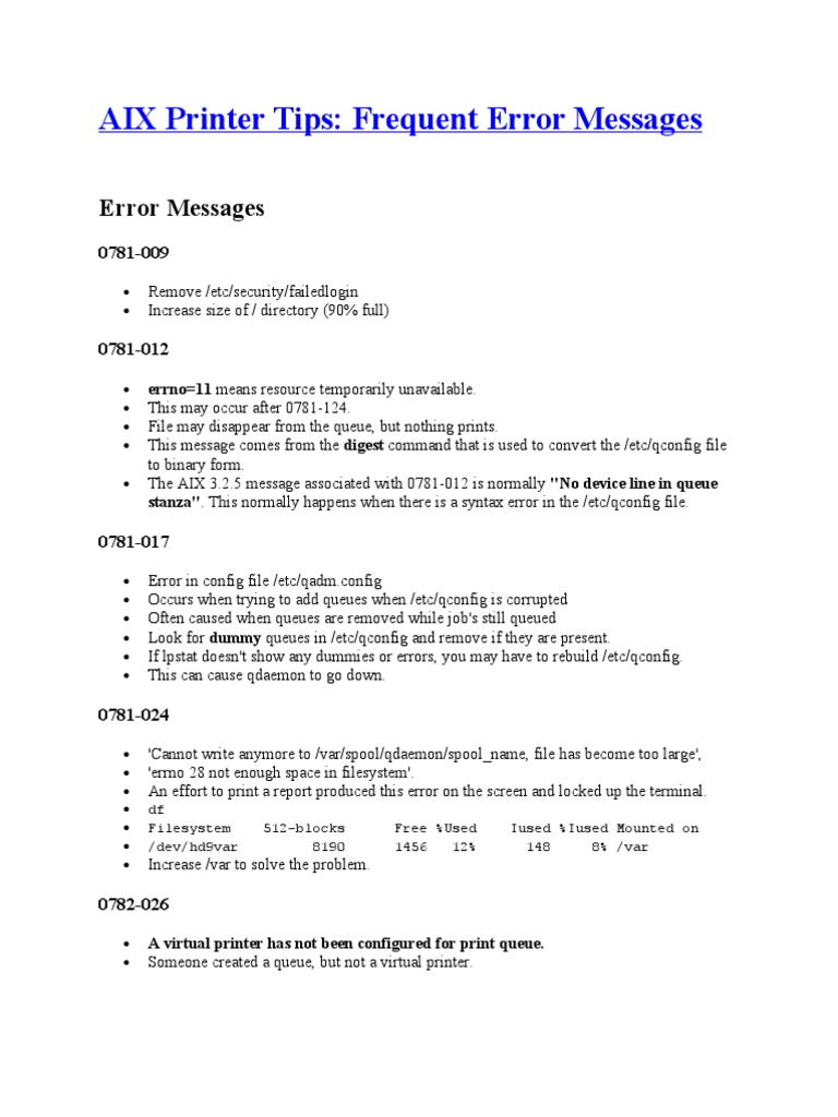 AIX Printer Error Messages Guide | PDF | Network Socket | Transmission ...