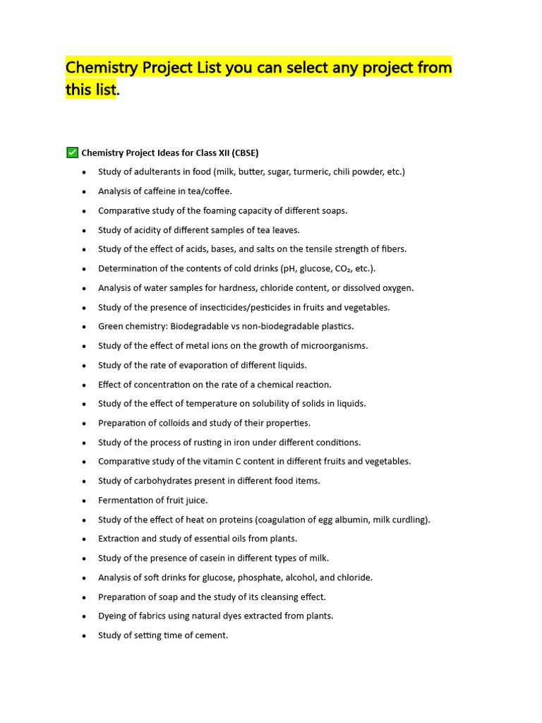 Chemistry Project Ideas for Class XII | PDF