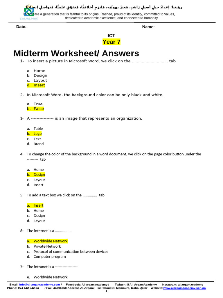 Year 7 Worksheet - Answers Key | PDF | Internet Protocols | Internet