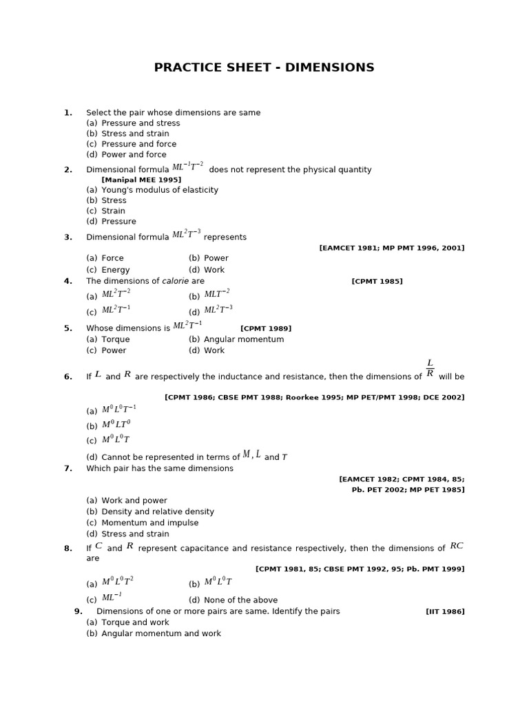 Dimensional Analysis Practice Sheet | PDF | Quantity | Mechanics
