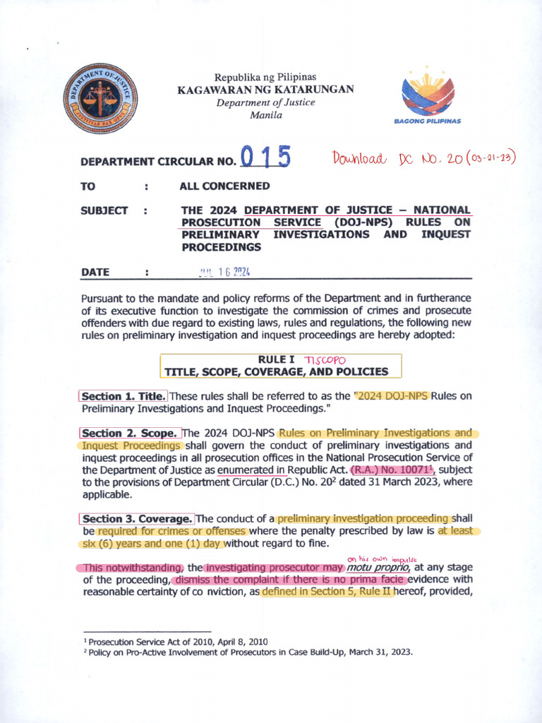 DOJ - Circular No 15 (Rules On Preliminary Investigations and Inquest ...