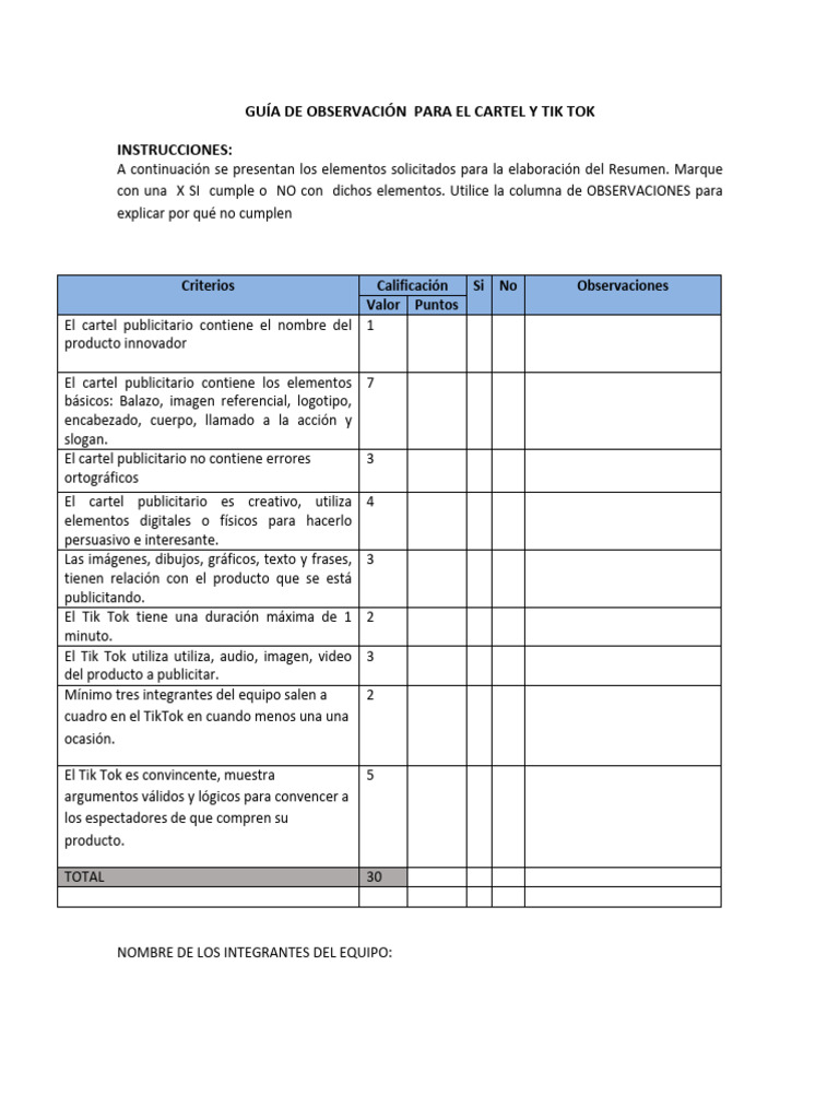Tik Tok y Cartel Publicitario Guia de Observación | PDF