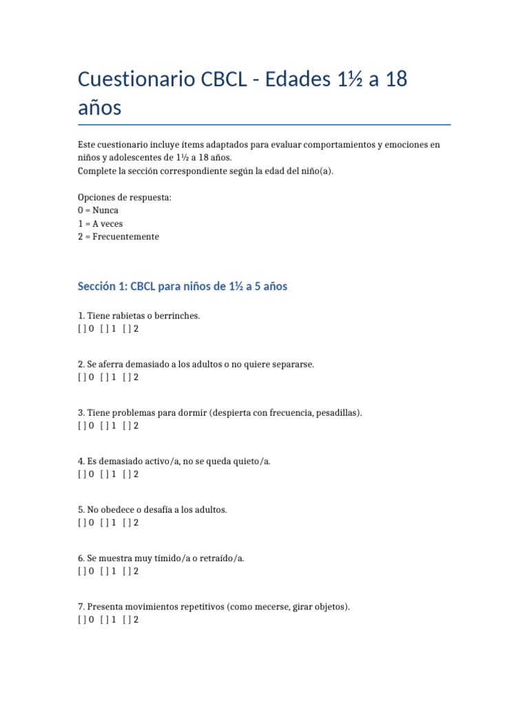 Cuestionario CBCL para Niños y Adolescentes | PDF