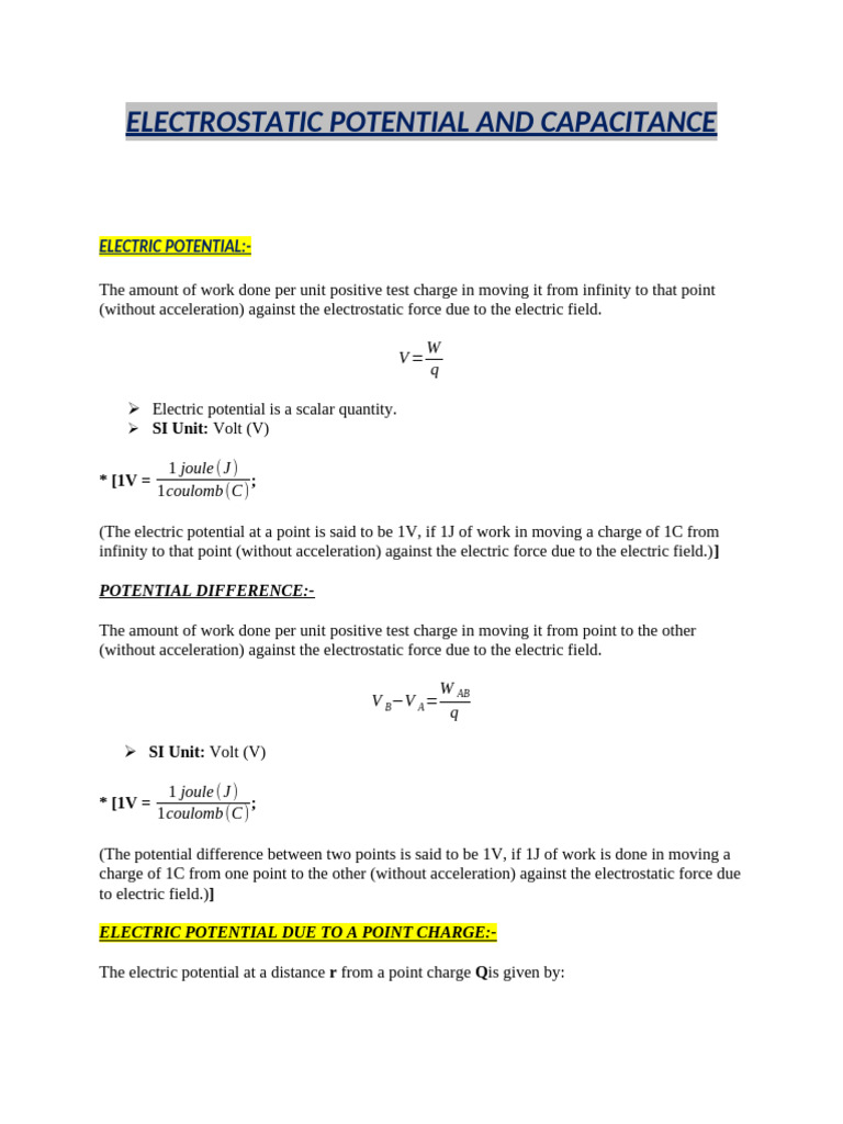 Electric Potential and Capacitance | PDF | Voltage | Electric Field