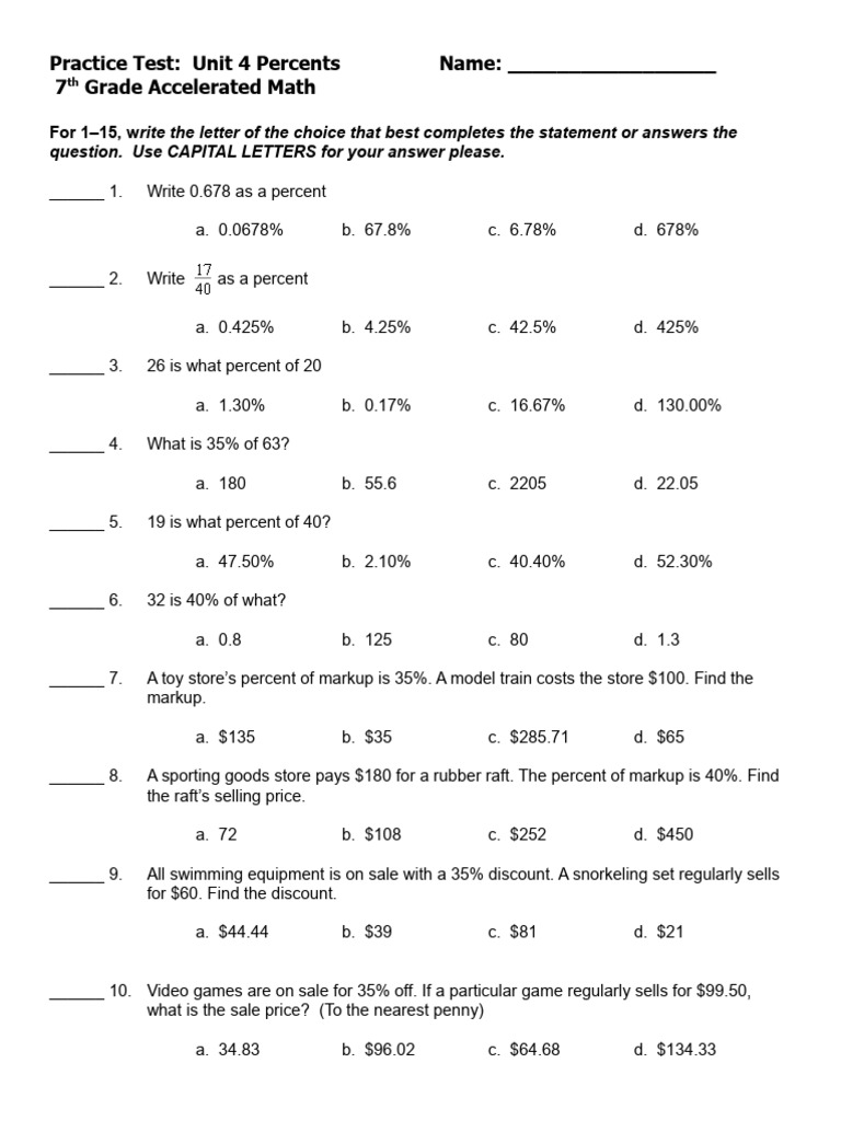 Unit 4 Percent Practice Test | PDF