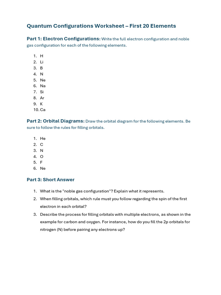 Quantum Configurations of First 20 Elements | PDF | Electron ...