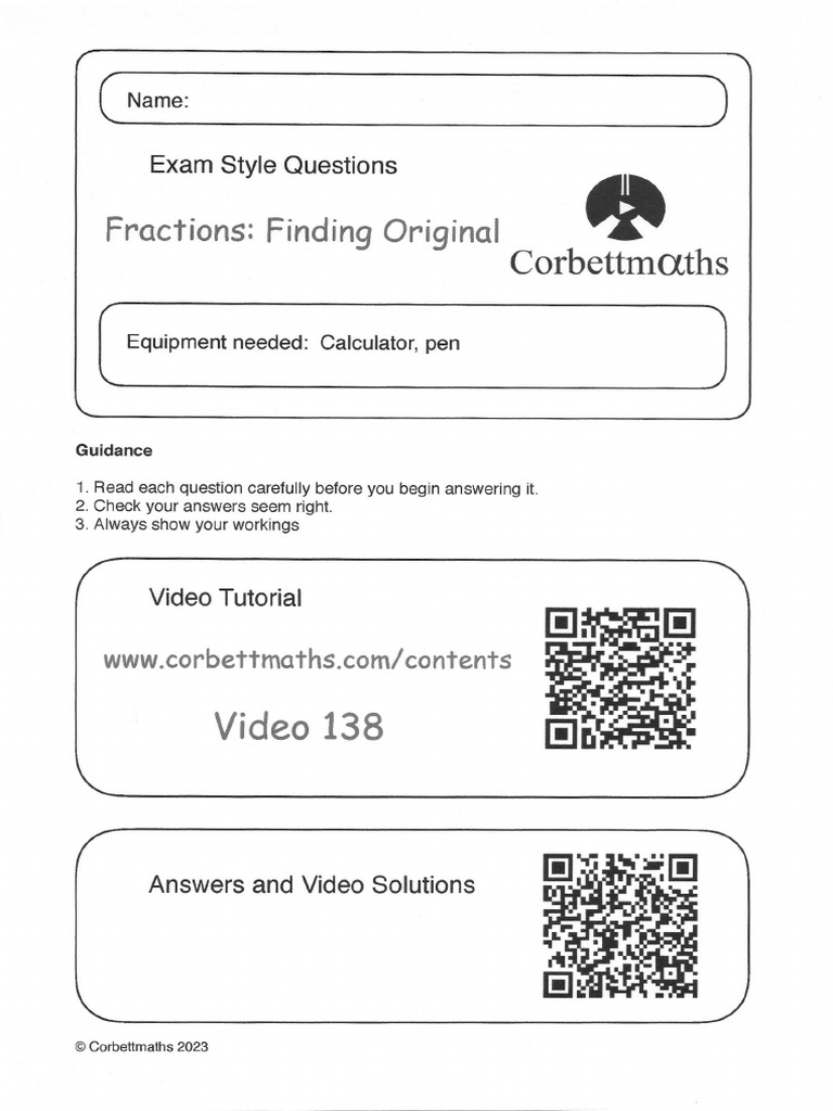 Fractions Finding Original Answers | PDF