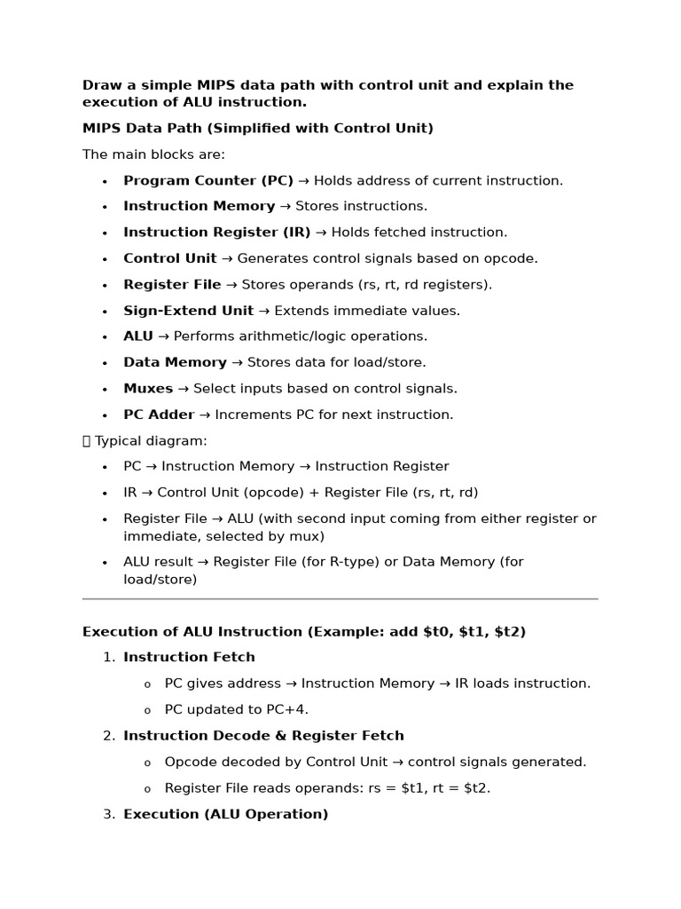 Draw A Simple MIPS Data Path With Control Unit and Explain The ...