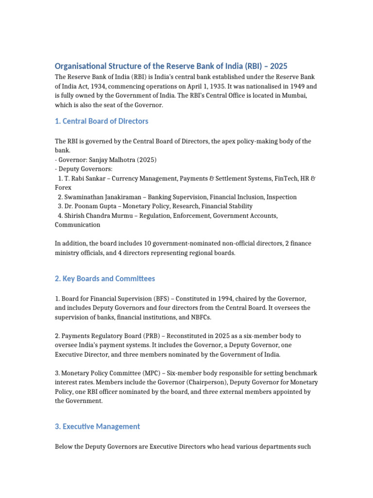 RBI Organisational Structure 2025 | PDF | Reserve Bank Of India | Economies