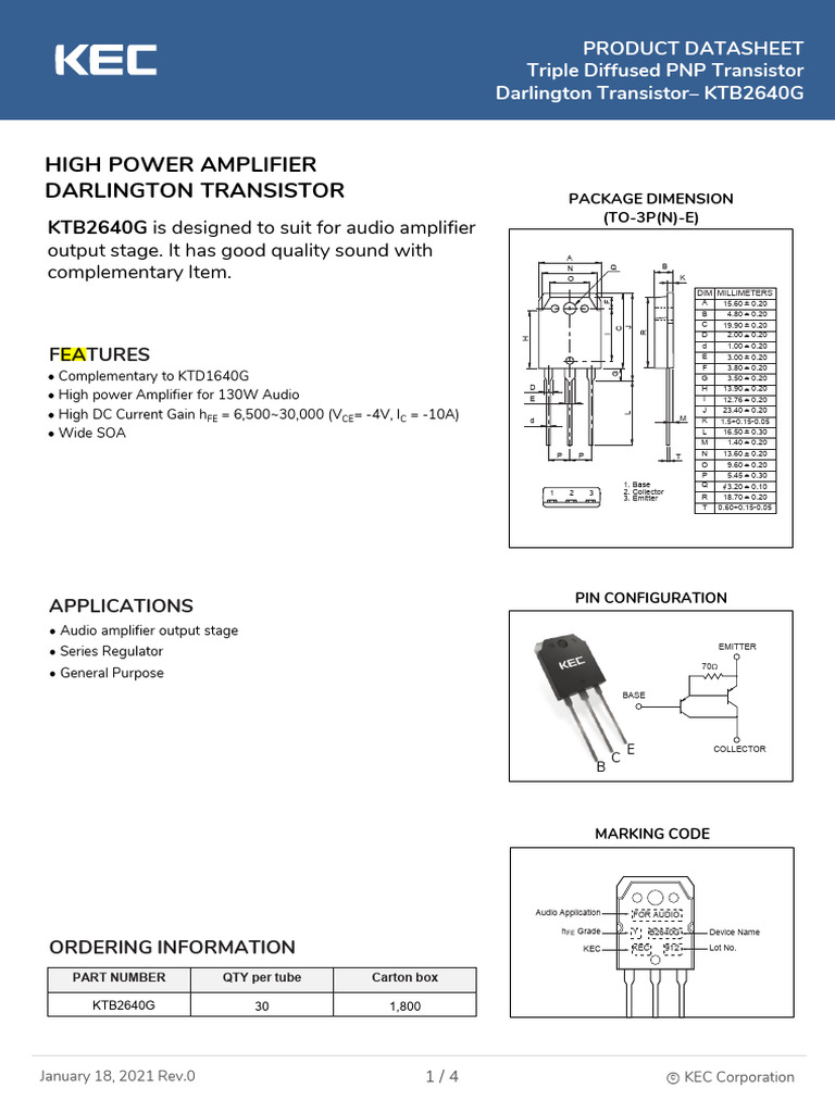 KTB2640G | PDF | Bipolar Junction Transistor | Amplifier