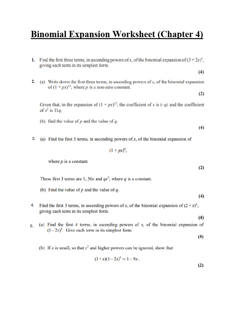 Binomial Expansion Worksheet | PDF