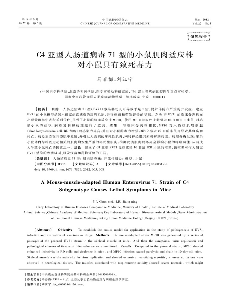 A Mouse-muscle-Adapted Human Ev71 Strain of c4 Subgenotype Causes ...