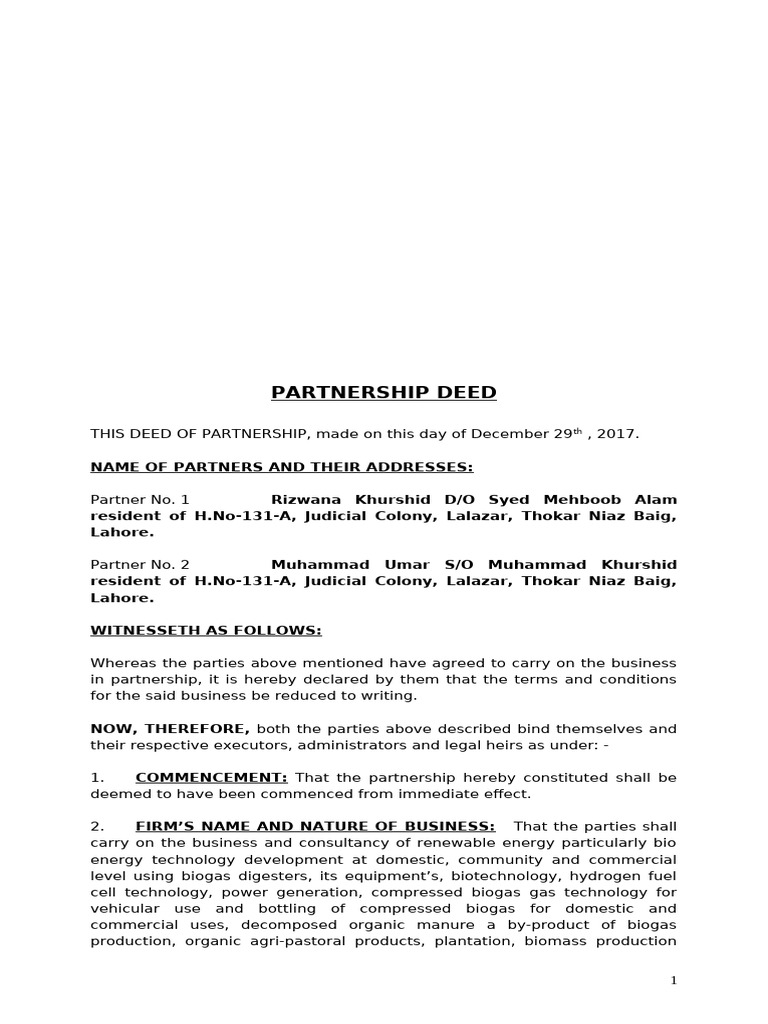 Partnership Deed for Renewable Energy Business | PDF | Biogas