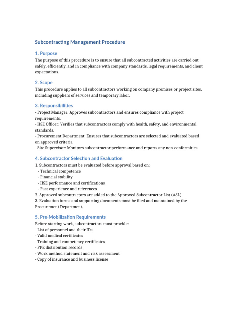 Subcontractor Management Procedure | PDF | Regulatory Compliance | Safety