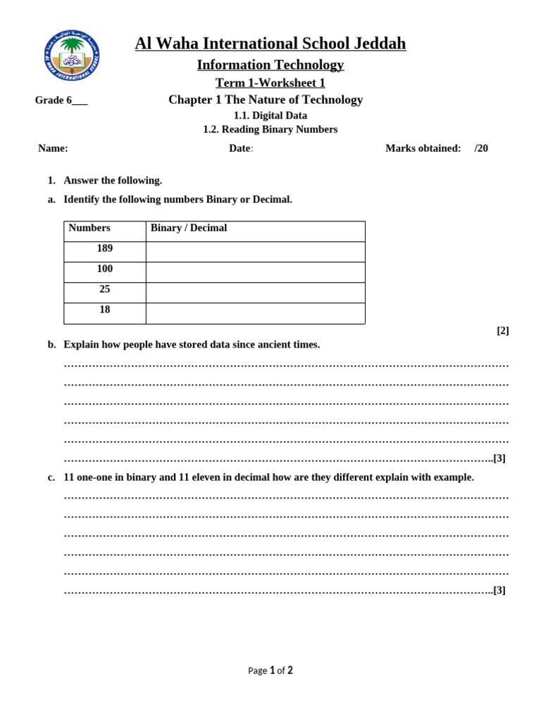 Grade 6 ICT Chapter 1.1,1.2,1.3 Worksheet 1 | PDF