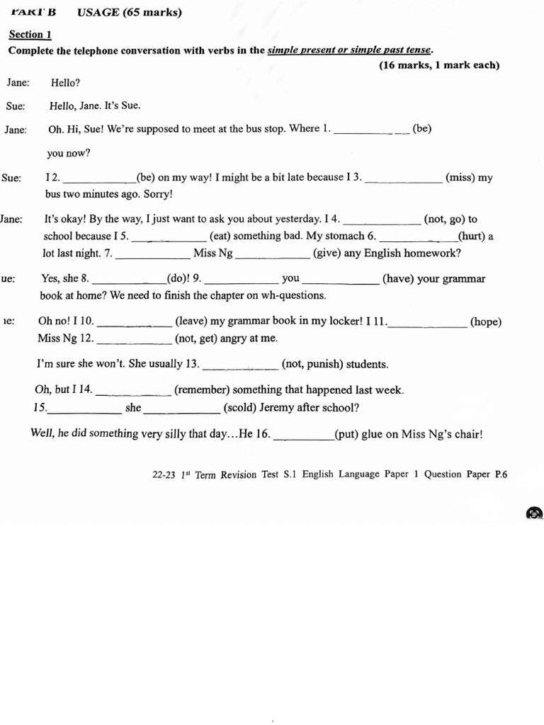 22-23 1st Term Revision Test S.1 English Language Paper 1 (Simple ...