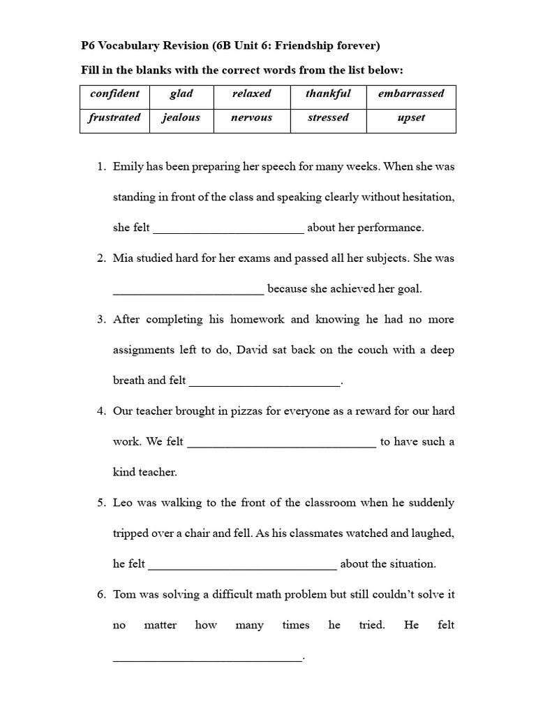 P6 Vocabulary Revision (6B Unit 6 Friendship Forever) | PDF