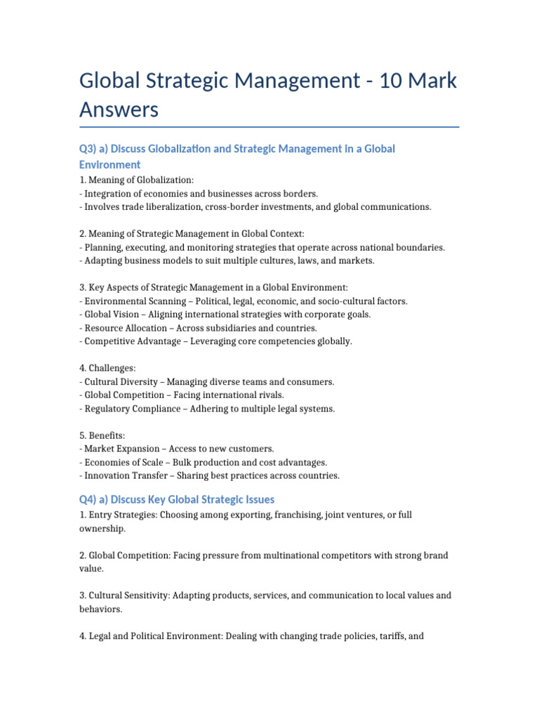 Global Strategic Management Paper3 Answers | PDF | Strategic Management ...