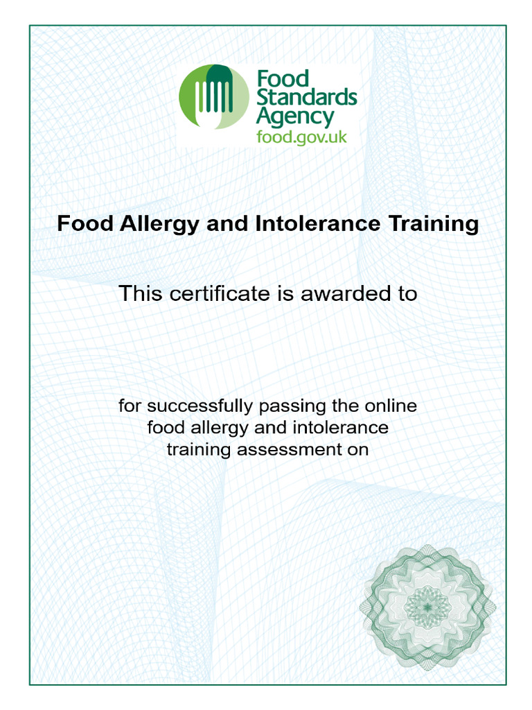 Certificate For Food Allergin An DIntolerance | PDF