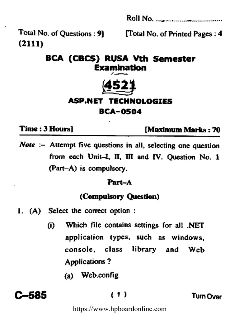 Hpu Ug Bca 5 Sem ASP Dot Net Technologies 4521 2021 | PDF