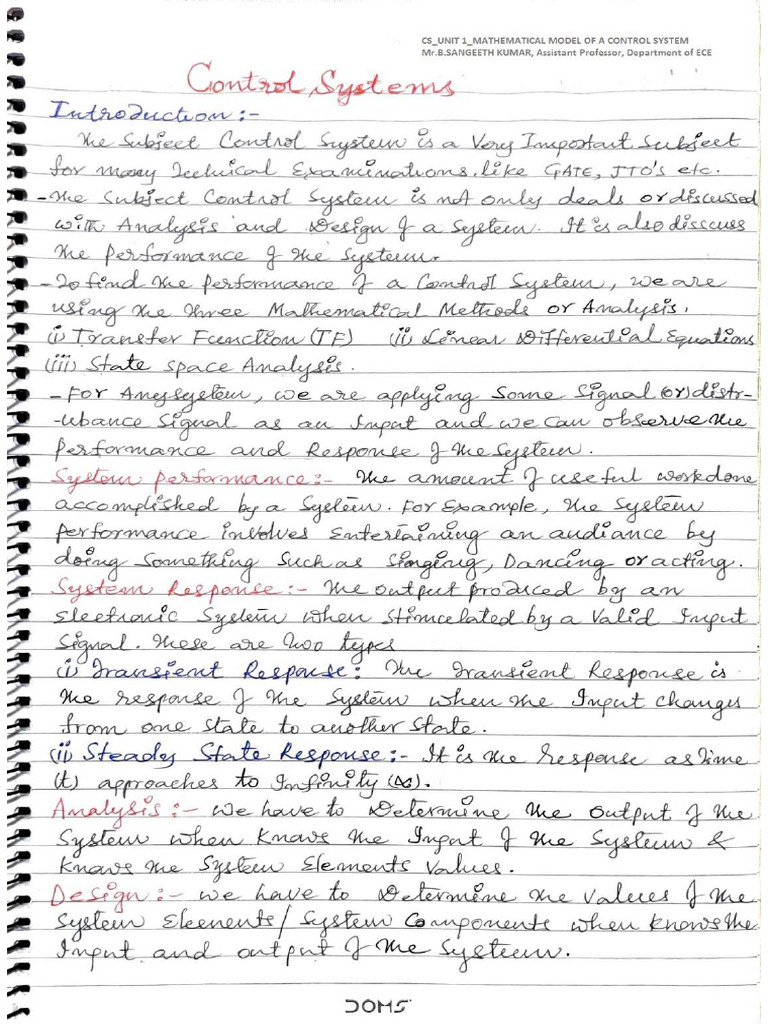 Cs - Unit-1 - Mathematicalmodel of Control Systems Notes-Part-1 | PDF