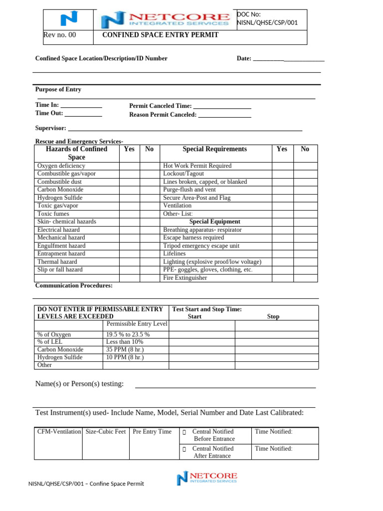 Confine Space Entry Permit | PDF | Working Conditions | Safety