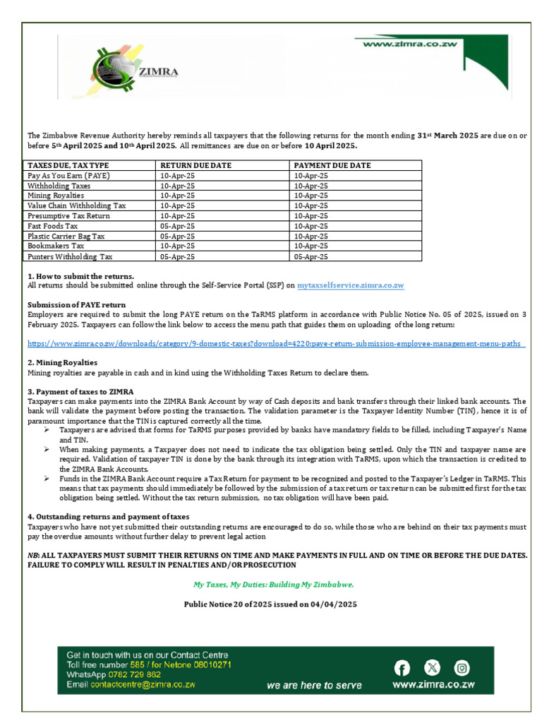 ZIMRA April 2025 Tax Return Deadlines | PDF | Taxes | Payments