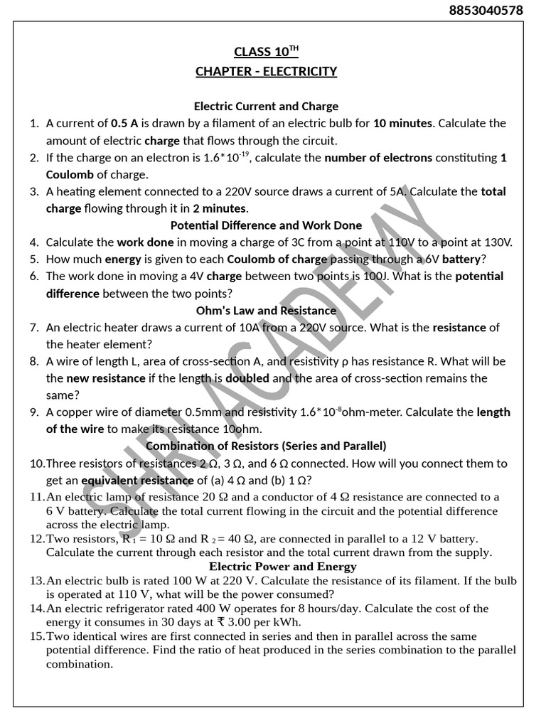 Class 10 Physics Electricity Test 15 Numerical | PDF | Series And ...